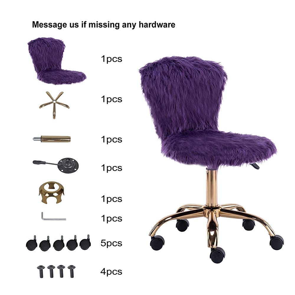 Purple Fur Makeup Small Vanity Chair with Back - Golden Swivel Base Dressing Chair - Adjustable Desk Chair for Beauty Room, Living Room or Home Office - 1 Pack