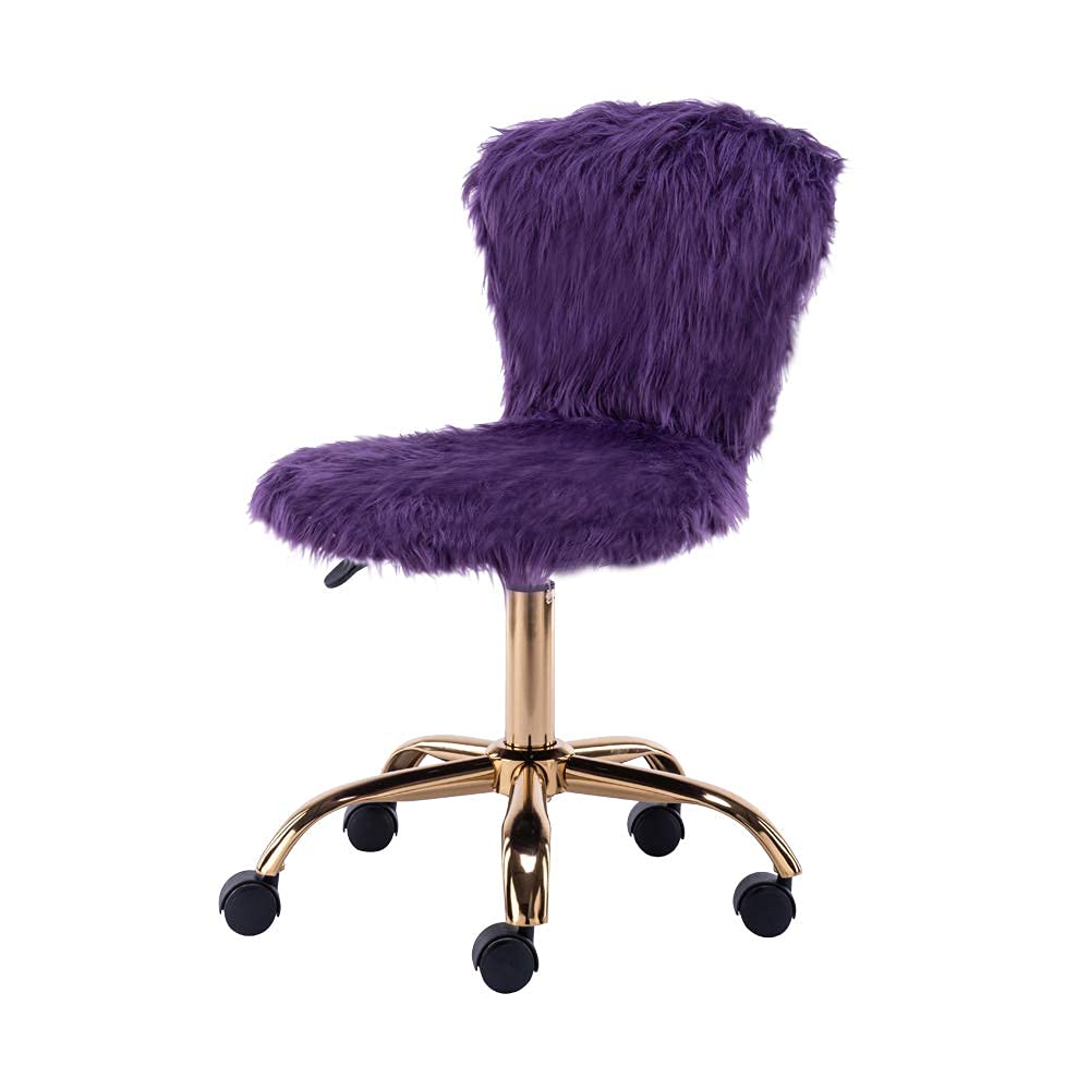 Purple Fur Makeup Small Vanity Chair with Back - Golden Swivel Base Dressing Chair - Adjustable Desk Chair for Beauty Room, Living Room or Home Office - 1 Pack