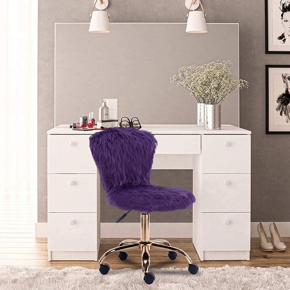 Purple Fur Makeup Small Vanity Chair with Back - Golden Swivel Base Dressing Chair - Adjustable Desk Chair for Beauty Room, Living Room or Home Office - 1 Pack