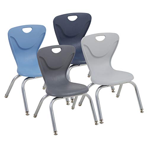 FDP 12" Contour School Stacking Student Chair, Ergonomic Molded Seat Shell with Powder Coated Silver Frame and Swivel Leg Glides; for in-Home Learning or Classroom - Navy/Powder Blue (4-Piece)