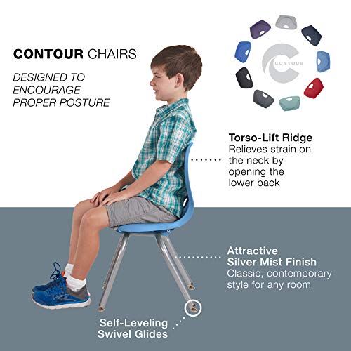 FDP 12" Contour School Stacking Student Chair, Ergonomic Molded Seat Shell with Powder Coated Silver Frame and Swivel Leg Glides; for in-Home Learning or Classroom - Navy/Powder Blue (4-Piece)