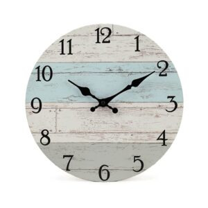 silent non-ticking wooden decorative round wall clock quality quartz battery operated vintage rustic country tuscan style home decor wall clock(10 inch, coastal worn blue )