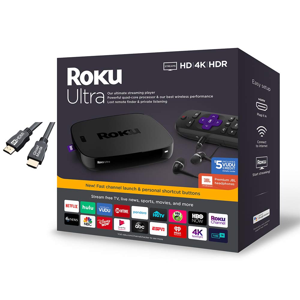 Roku Ultra Streaming Media Player 4K/HD/HDR Premium JBL Headphones w/Ghost Manta 4K HDMI Cable