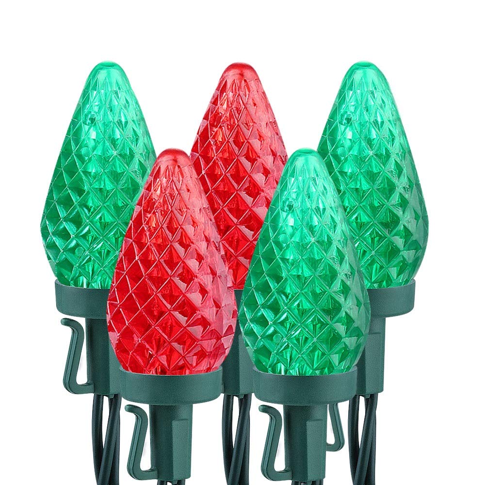 Brizled C9 Christmas Lights, 16ft 25 LED Faceted C9 Christmas Lights, Connectable Indoor Outdoor Xmas String Lights, 120V UL Certified for Tree Backyard Garden Porch Party & Holiday Decor, Red & Green