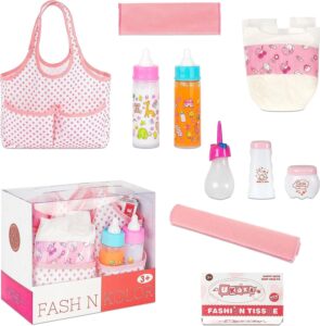 fash n kolor diaper bag doll accessories set with feeding bottles, baby diaper, tissues, and cloth blanket. complete diaper bag kit with 9 accessories. comes packed in a mommy bag