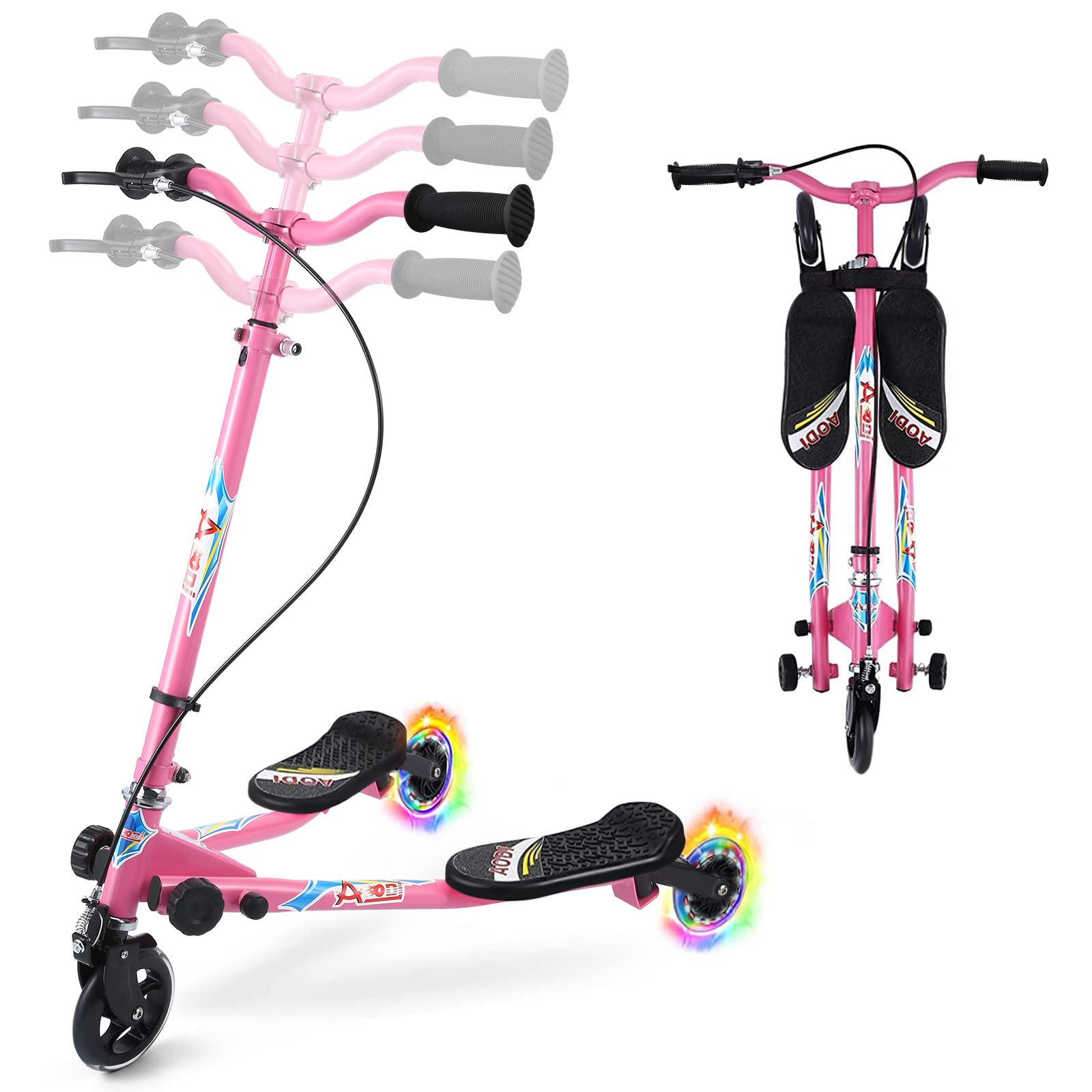 AODI Swing Scooter for Kids, 3 Wheels Foldable Wiggle Scooter Push Drifting with Adjustable & 2 Rear LED Wheels Kicks Scooter for Boys and Girls Ages 3-8