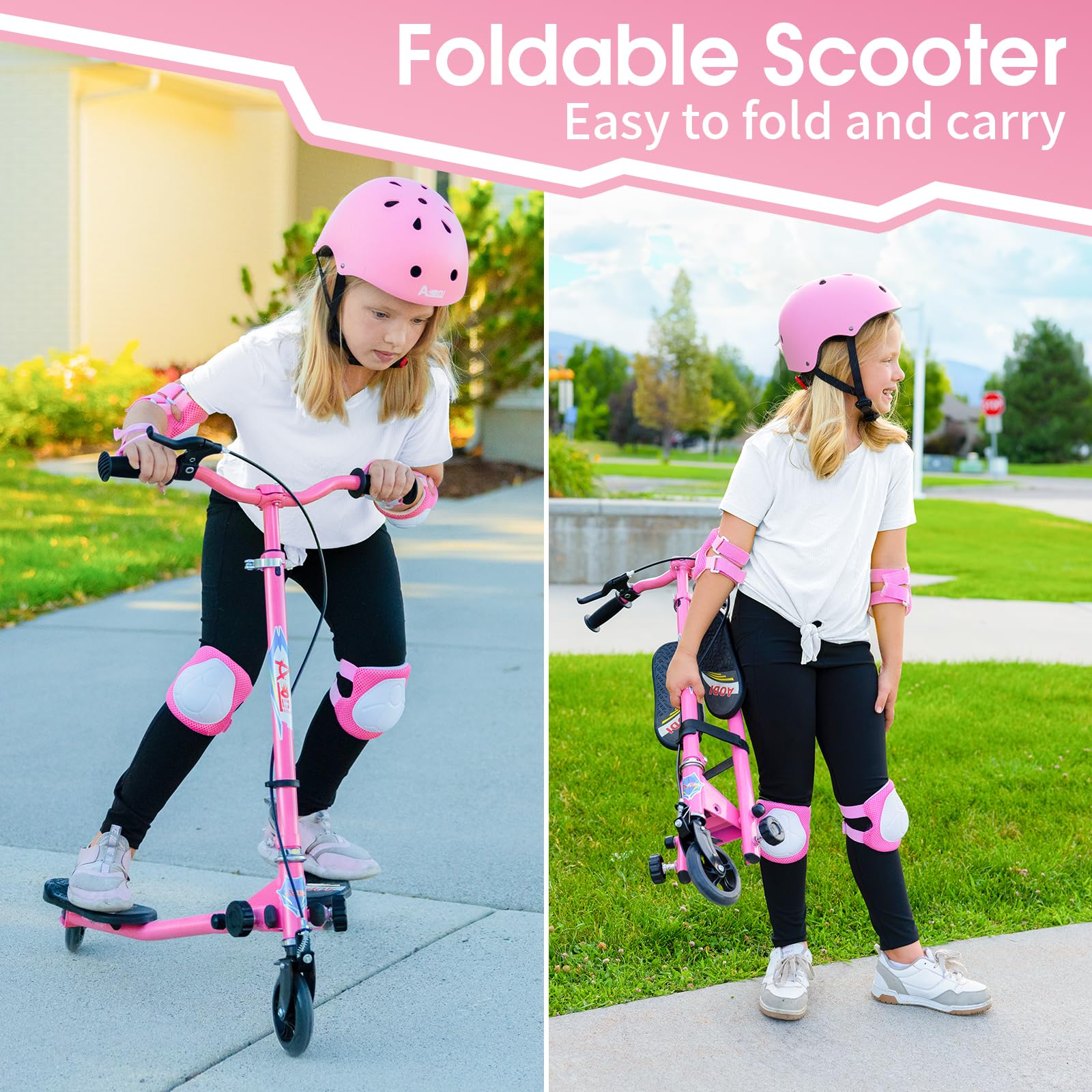 AODI Swing Scooter for Kids, 3 Wheels Foldable Wiggle Scooter Push Drifting with Adjustable & 2 Rear LED Wheels Kicks Scooter for Boys and Girls Ages 3-8