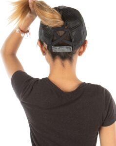 funky junque ponytail messy bun trucker ponycap: jet black camo w/black criss cross back