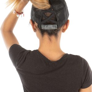 Funky Junque Ponytail Messy Bun Trucker Ponycap: Jet Black CAMO w/Black Criss Cross Back