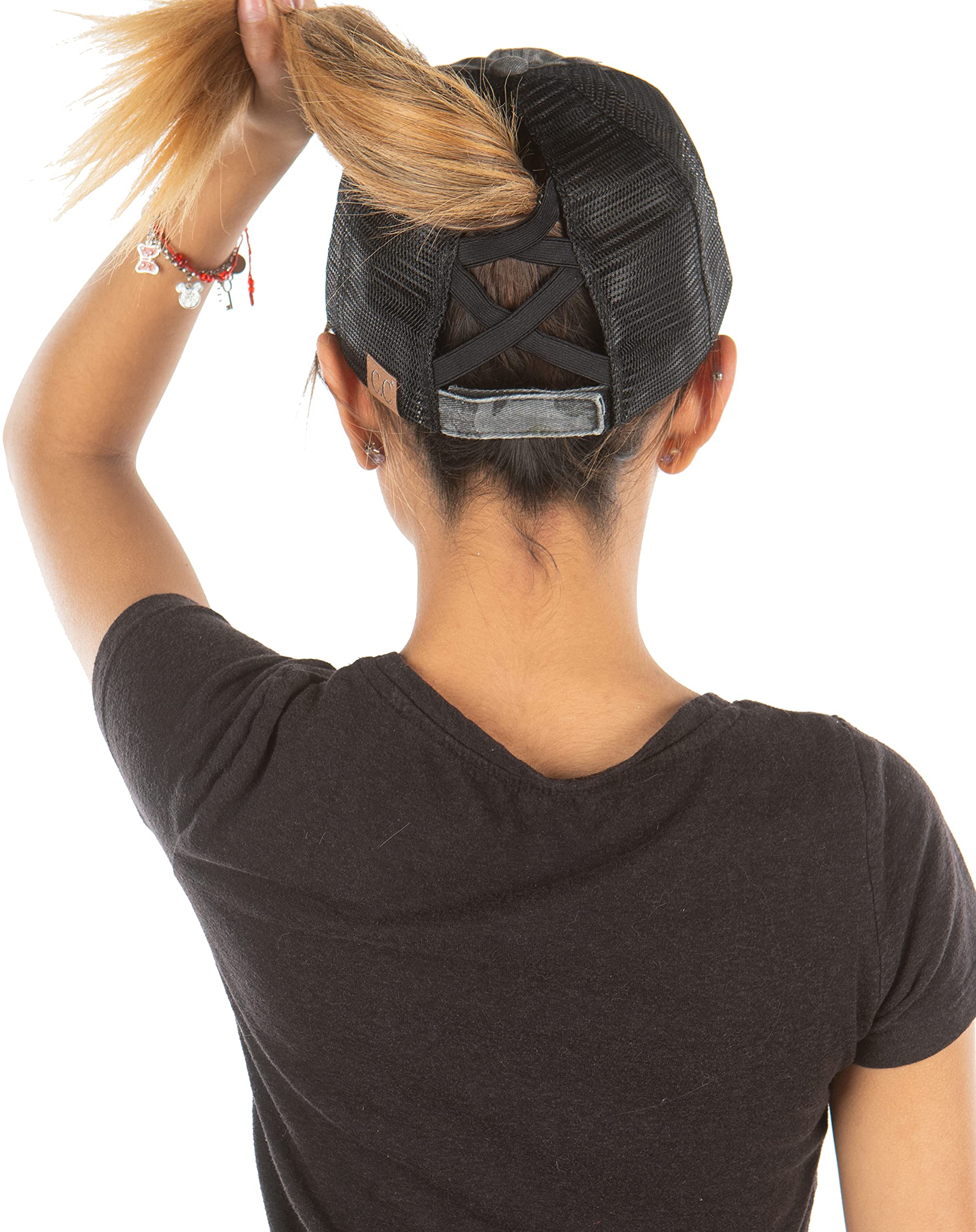 Funky Junque Ponytail Messy Bun Trucker Ponycap: Jet Black CAMO w/Black Criss Cross Back