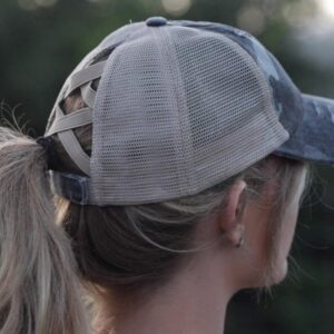 Funky Junque Ponytail Messy Bun Trucker Ponycap: Jet Black CAMO w/Black Criss Cross Back