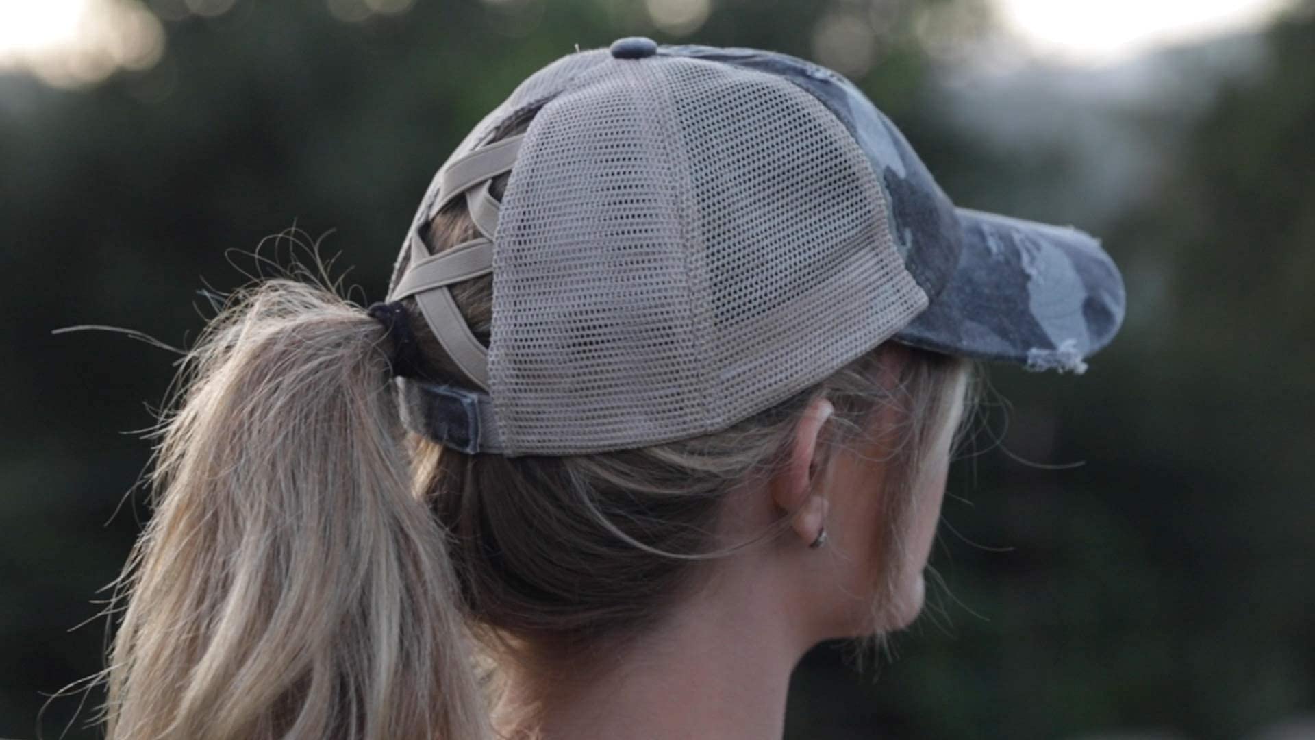 Funky Junque Ponytail Messy Bun Trucker Ponycap: Jet Black CAMO w/Black Criss Cross Back