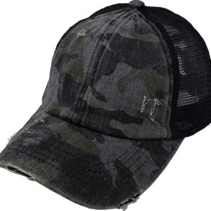 Funky Junque Ponytail Messy Bun Trucker Ponycap: Jet Black CAMO w/Black Criss Cross Back