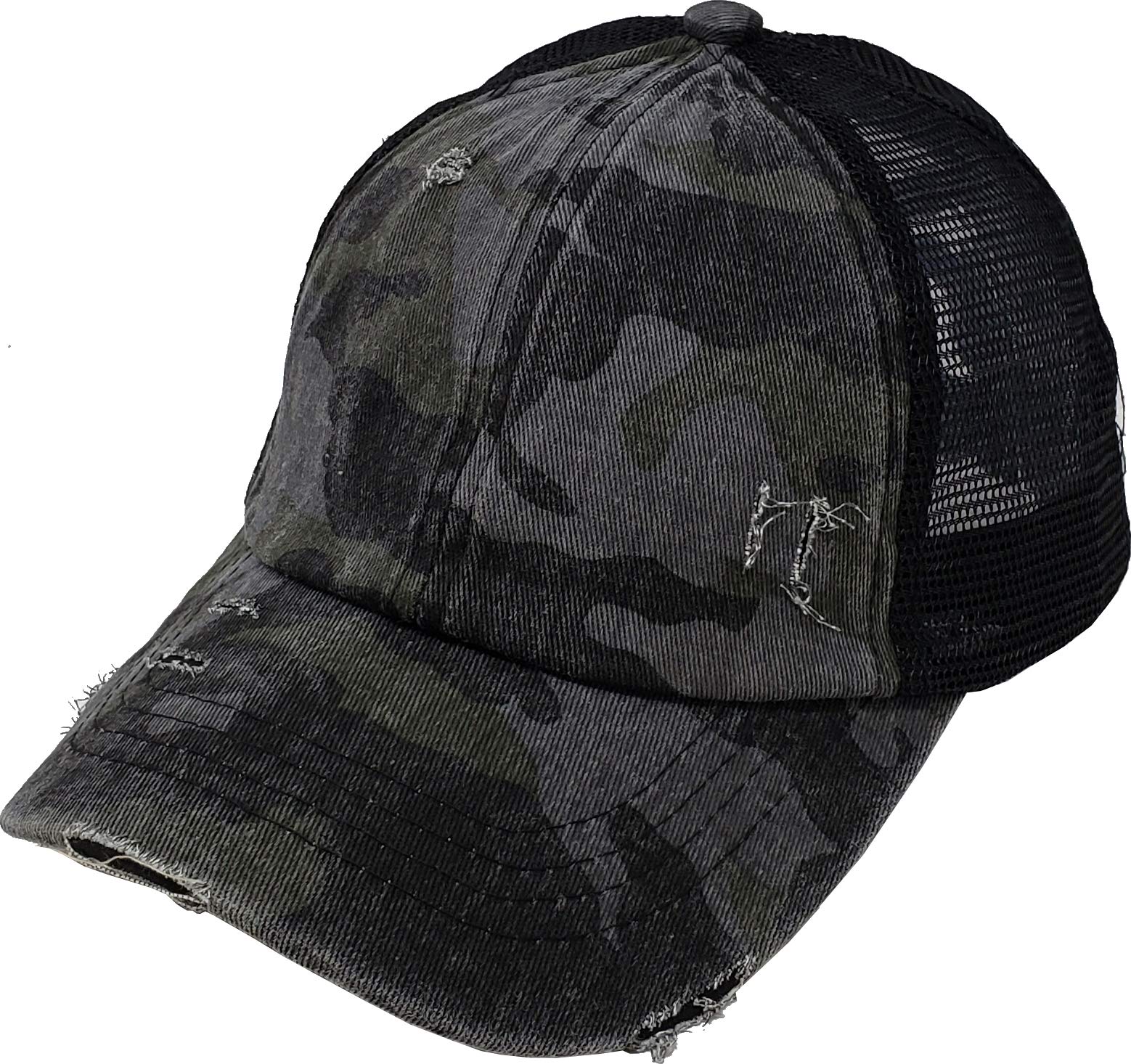 Funky Junque Ponytail Messy Bun Trucker Ponycap: Jet Black CAMO w/Black Criss Cross Back