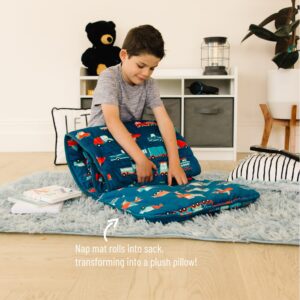 Wildkin Kids Plush Nap Mat for Toddler Boys and Girls, Perfect for Daycare & Preschool Nap Mats, Features Attached Blanket, Rolls into Top Sleeve Plush Nap Mat Sacks (Transportation)