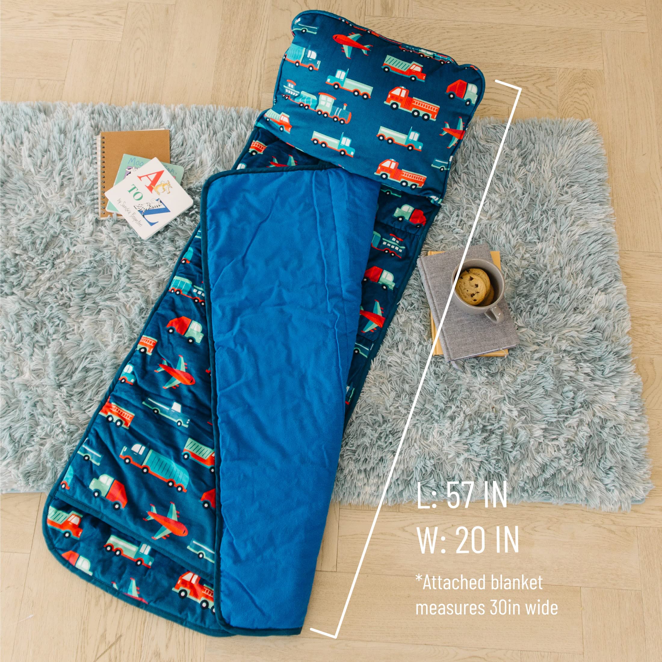 Wildkin Kids Plush Nap Mat for Toddler Boys and Girls, Perfect for Daycare & Preschool Nap Mats, Features Attached Blanket, Rolls into Top Sleeve Plush Nap Mat Sacks (Transportation)