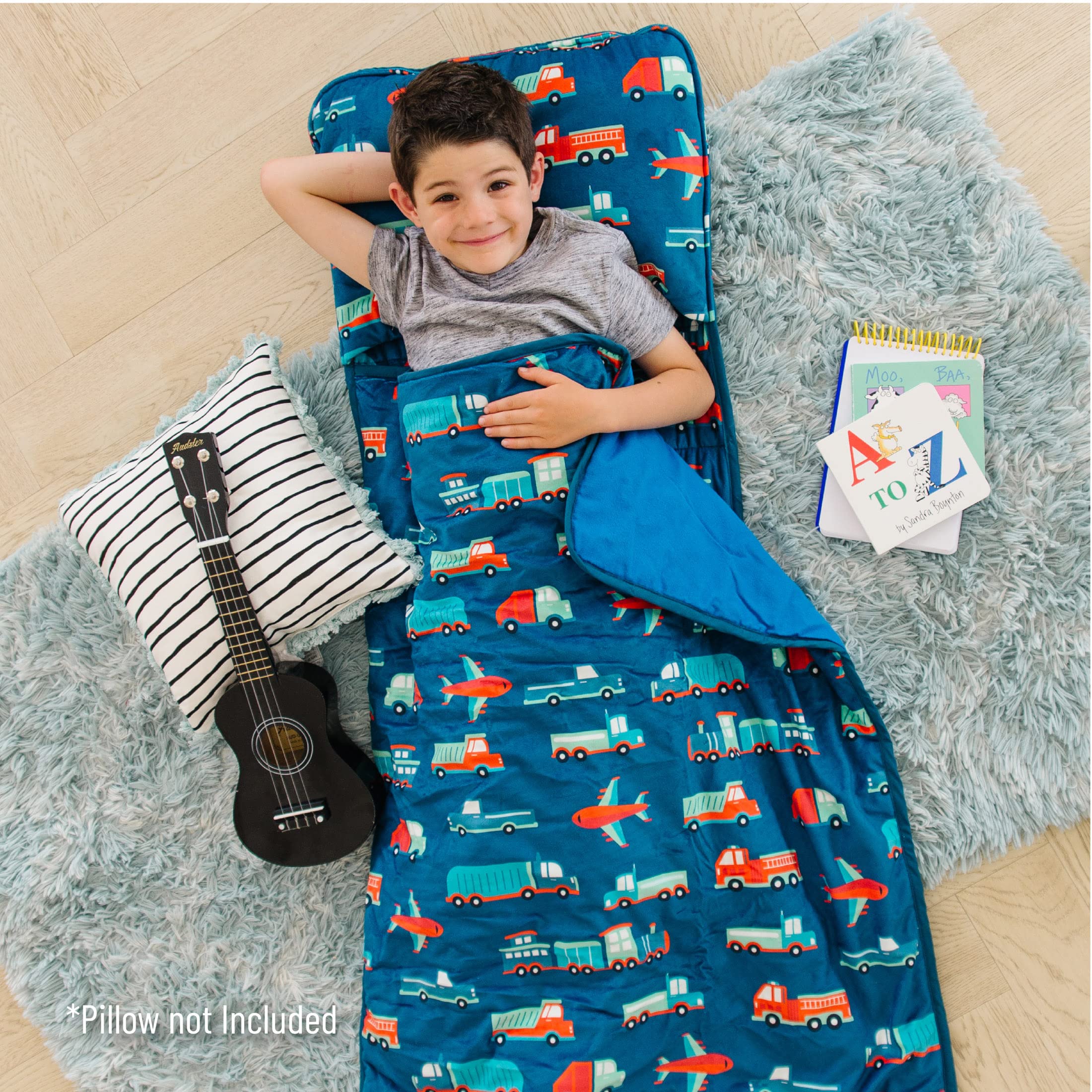 Wildkin Kids Plush Nap Mat for Toddler Boys and Girls, Perfect for Daycare & Preschool Nap Mats, Features Attached Blanket, Rolls into Top Sleeve Plush Nap Mat Sacks (Transportation)