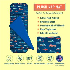 Wildkin Kids Plush Nap Mat for Toddler Boys and Girls, Perfect for Daycare & Preschool Nap Mats, Features Attached Blanket, Rolls into Top Sleeve Plush Nap Mat Sacks (Transportation)