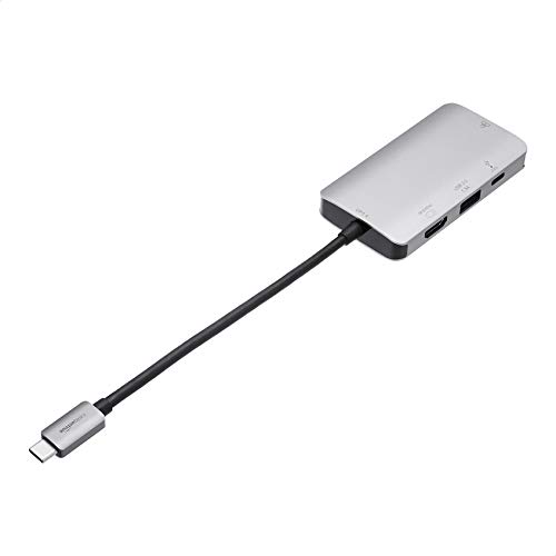 Amazon Basics 4-in-1 USB C Adapter with USB-C to HDMI, Ethernet Port, USB 3.0 and 100W Power Delivery, Gray, 3.35 x 1.77 x 0.51 inches