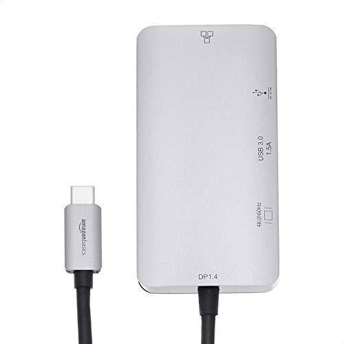 Amazon Basics 4-in-1 USB C Adapter with USB-C to HDMI, Ethernet Port, USB 3.0 and 100W Power Delivery, Gray, 3.35 x 1.77 x 0.51 inches