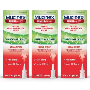 mucinex sinus-max nasal spray for sinus & allergy, fast-acting & fragrance free, 12 hour severe nasal congestion relief, 0.75 fl oz (pack of 3)