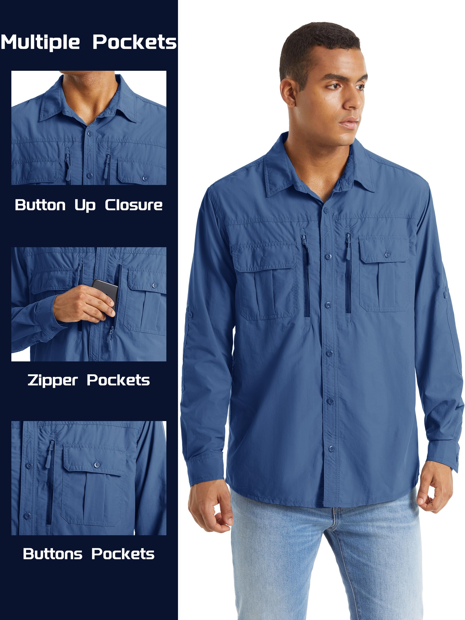 TACVASEN Men's Tactical Shirts Quick Dry UV Protection Long Sleeve Hiking Fishing Button Shirts Royal Blue, L