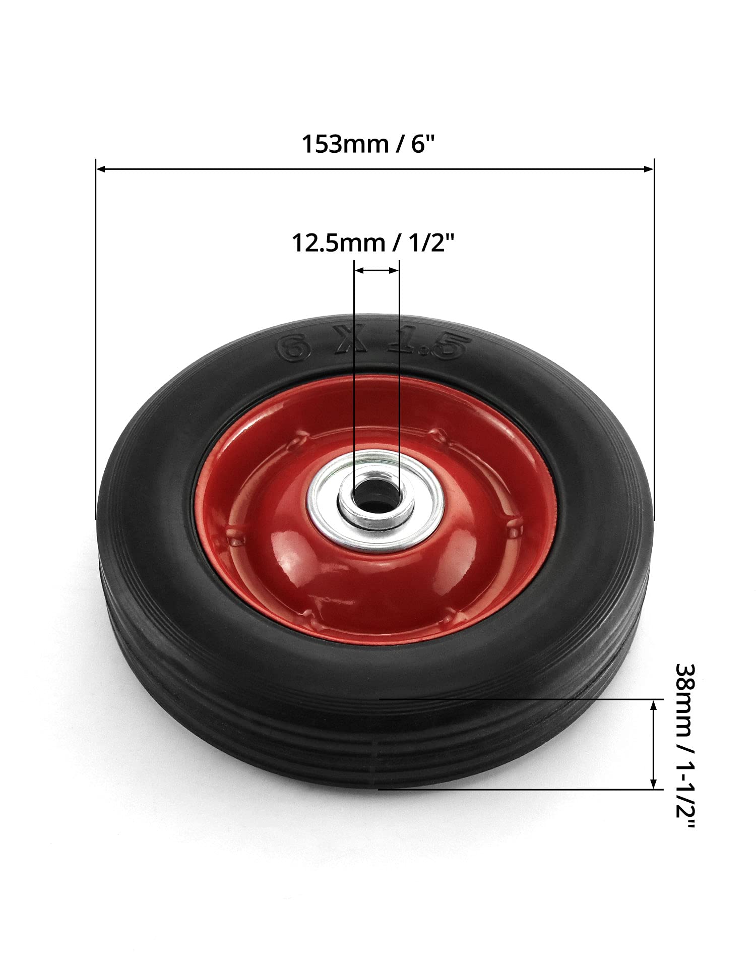 QWORK 2 Pack 6" x 1.5",1/2" Axle, Premium Rubber Wheel with Ball Bearing, Hand Truck Wheel, Capacity up to 132 lbs