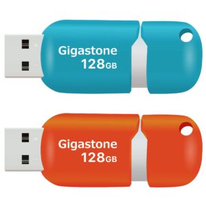 [gigastone] v10 128gb 2-pack usb 2.0 flash drive thumb drive memory stick pen drive capless retractable design (blue&orange)