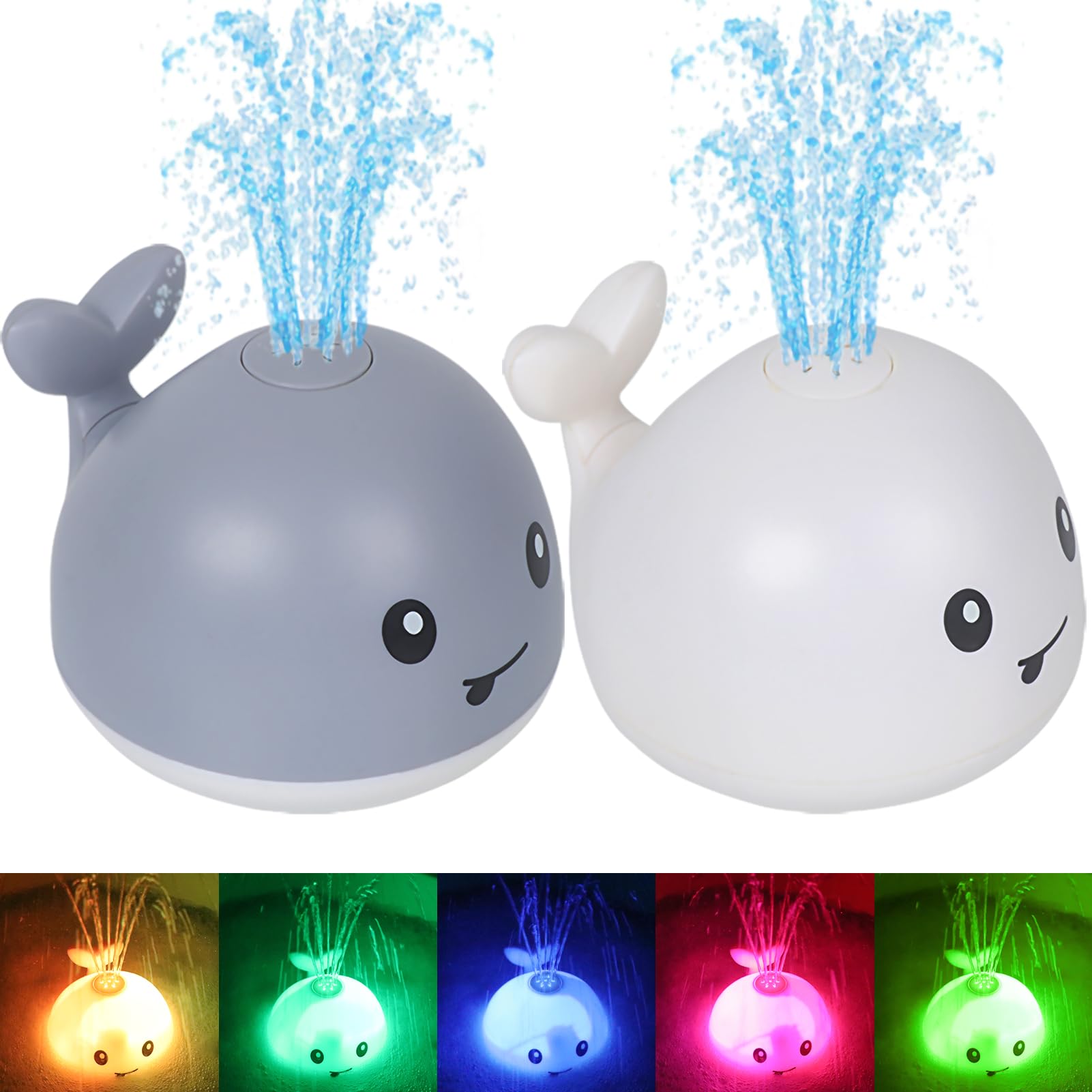 AOLIGE Baby Light Up Bath Toys for Kids （2pcs） Whale Bath Toy Sprinkler Induction Sprinkler Bathtub Toys (2PCS White & Grey Whale)