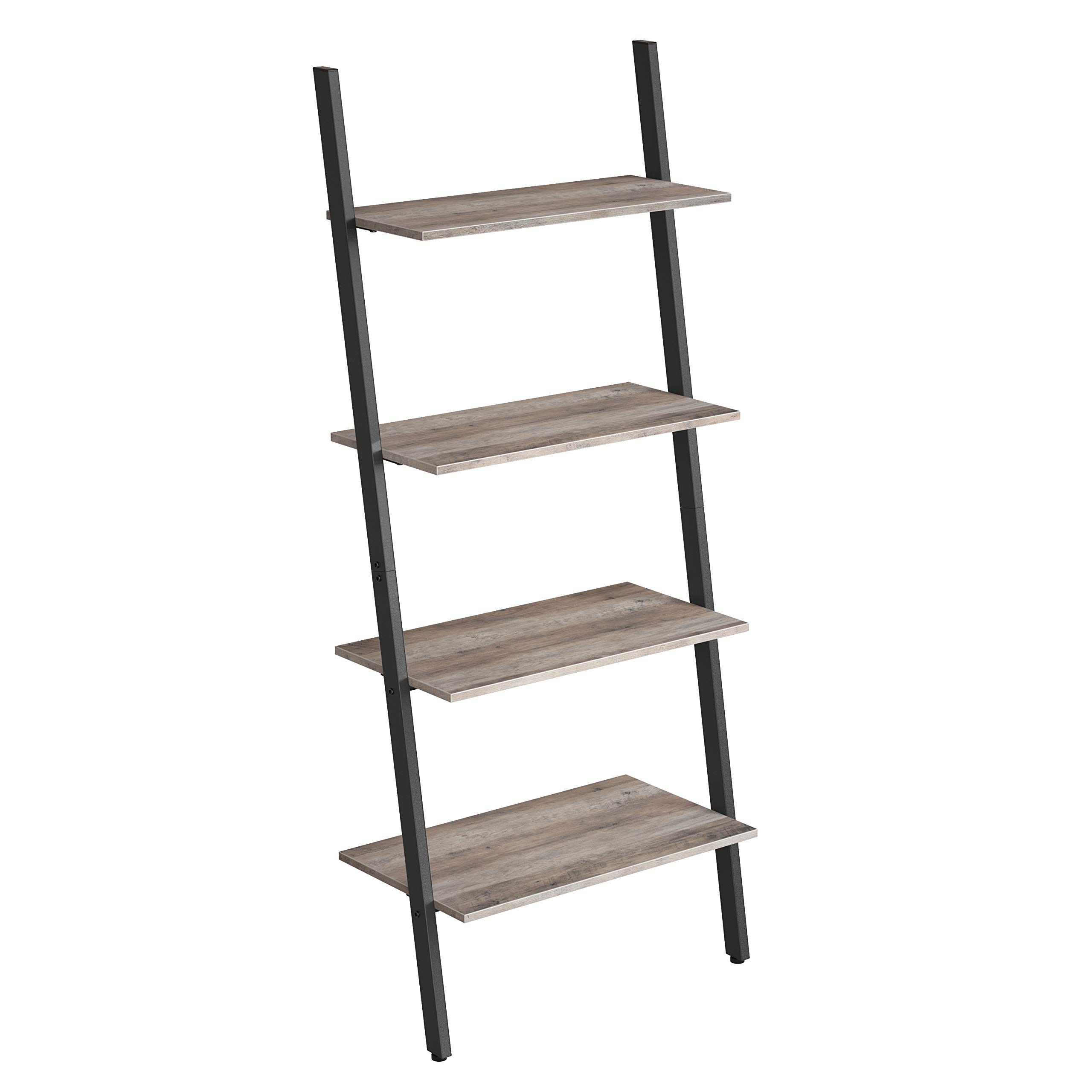 VASAGLE Ladder Shelf, 4-Tier Bookshelf, Storage Rack Shelves, for Living Room, Kitchen, Office, Steel, Stable, Sloping, Leaning Against The Wall, Industrial, Greige and Black ULLS043B02