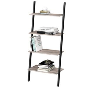 VASAGLE Ladder Shelf, 4-Tier Bookshelf, Storage Rack Shelves, for Living Room, Kitchen, Office, Steel, Stable, Sloping, Leaning Against The Wall, Industrial, Greige and Black ULLS043B02