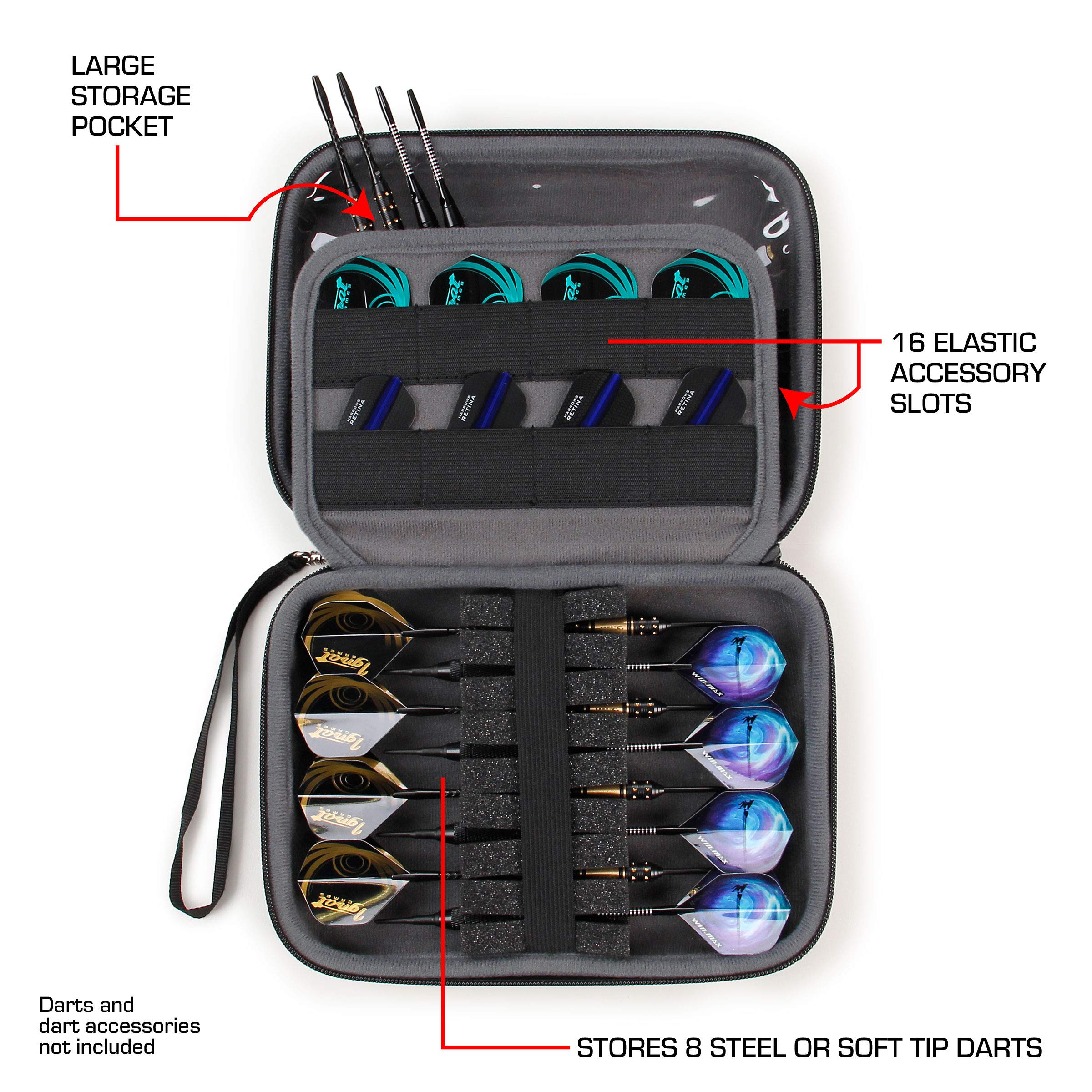 USA Gear Hard Shell Darts Case - Darts Holder for 8 Darts and Accessories, Tips, Axles and Steering Wheels - Compatible with Soft Tip and Steel Tip Darts (Black)