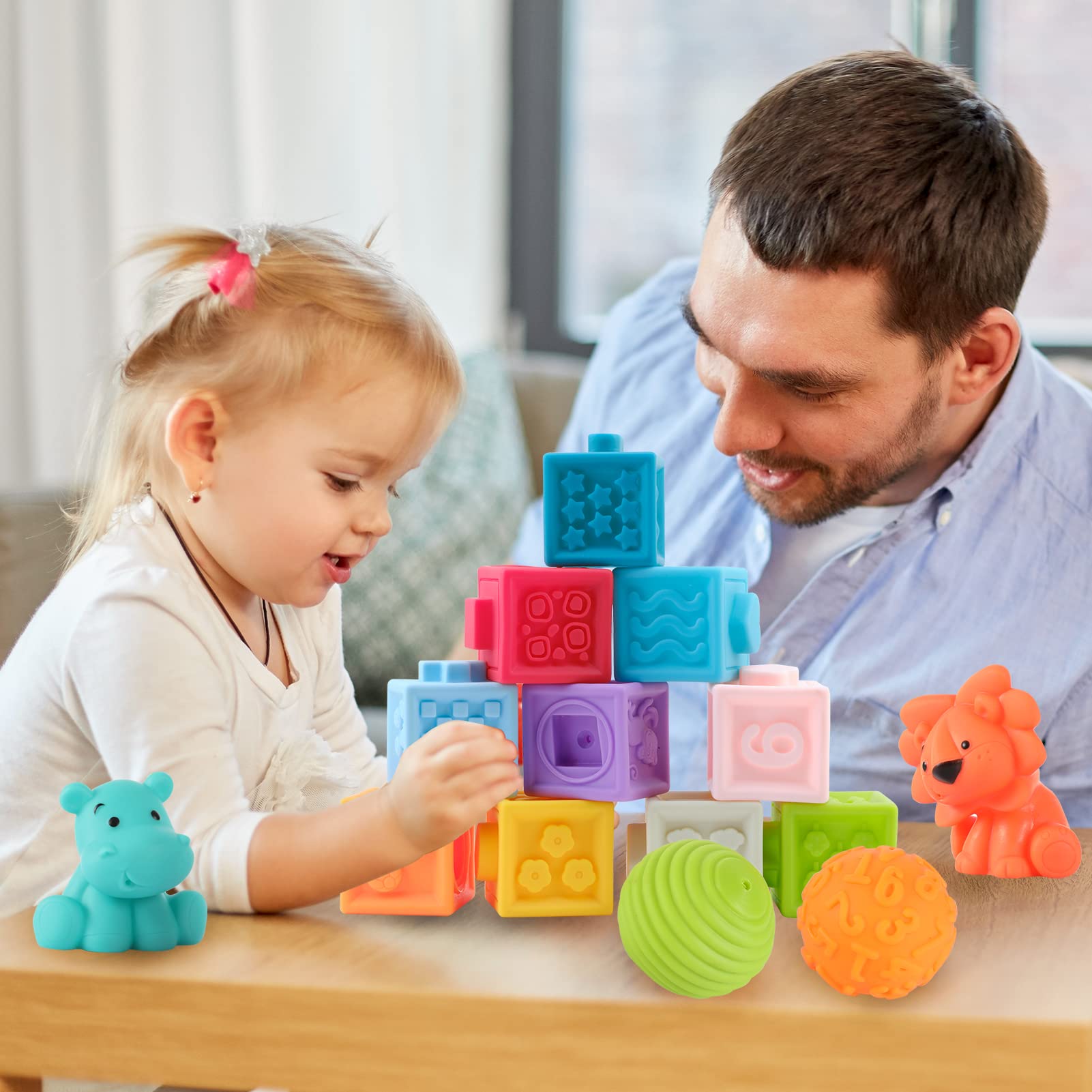 Baby Blocks&Balls 6 to 12 Months and Up Soft Building Stacking Block 18Pack,StackingToys for Toddlers, Sensory Montessori Teething Toy forInfant Boys & Girls with Numbers Animals Shapes Textures.