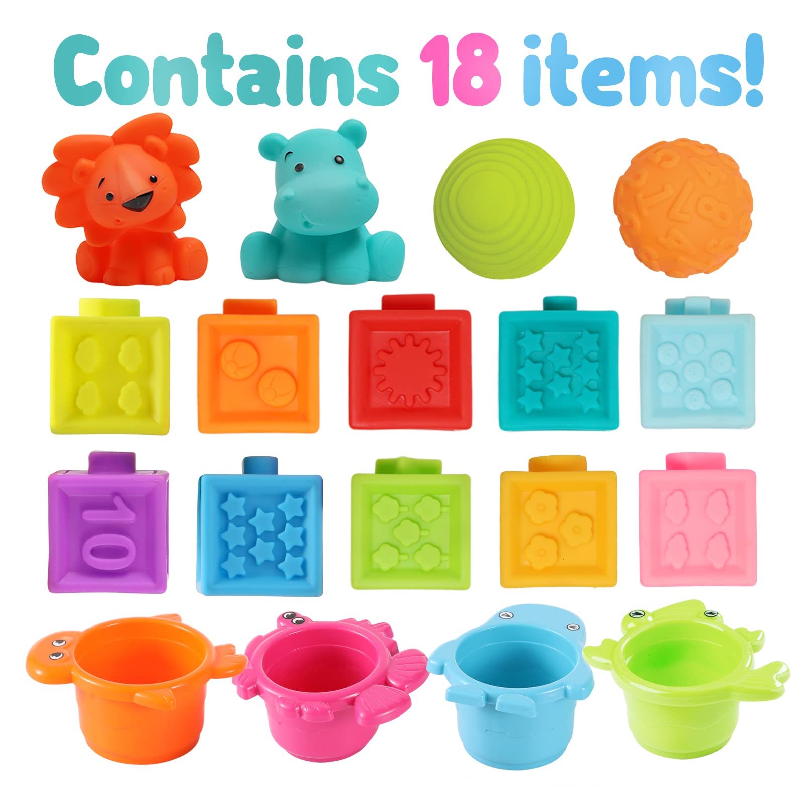 Baby Blocks&Balls 6 to 12 Months and Up Soft Building Stacking Block 18Pack,StackingToys for Toddlers, Sensory Montessori Teething Toy forInfant Boys & Girls with Numbers Animals Shapes Textures.