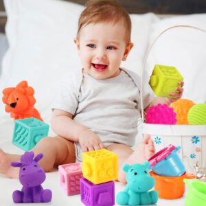 Baby Blocks&Balls 6 to 12 Months and Up Soft Building Stacking Block 18Pack,StackingToys for Toddlers, Sensory Montessori Teething Toy forInfant Boys & Girls with Numbers Animals Shapes Textures.