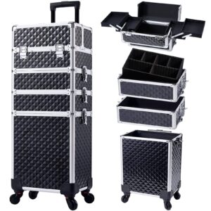 stagiant rolling makeup train case large storage cosmetic trolley 4 in 1 large capacity trolley makeup travel case with key swivel wheels salon barber case traveling cart trunk - black