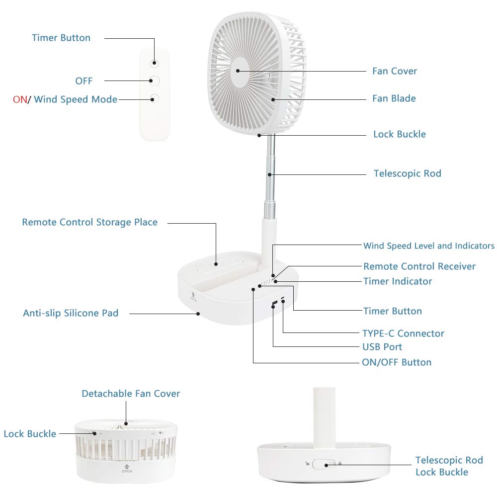 Portable Foldable Desk Table Fan, Pedestal Floor Fans with USB Rechargeable Battery Operated, Quiet Standing Fans for Home Bedroom Office Travelling Camping, White (Remote Control Included)