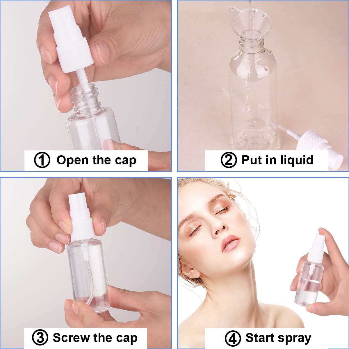 Spray Bottle, 1oz/30ml Small Plastic Fine Mist Spray Bottles, Mini Empty Travel Bottles with Funnels and Labels 6 Pack