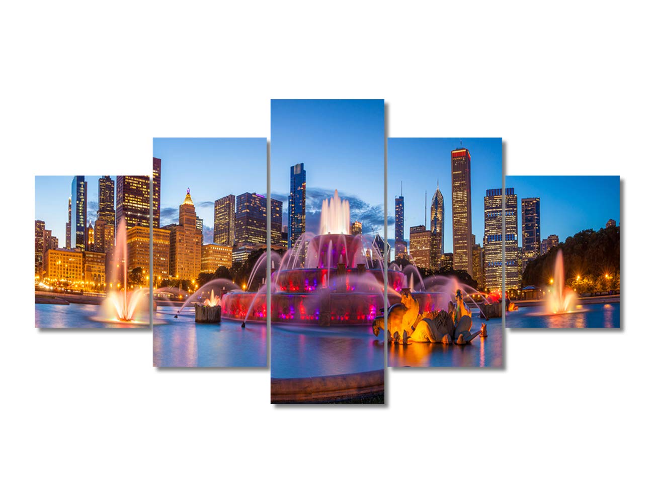 Native American Wall Decor Chicago Skyline Paintings America Cityscape Artwork Chicago Buckingham Fountain Canvas Wall Art Framed Modern Artwork Home Decorations (60" Wx32 H)