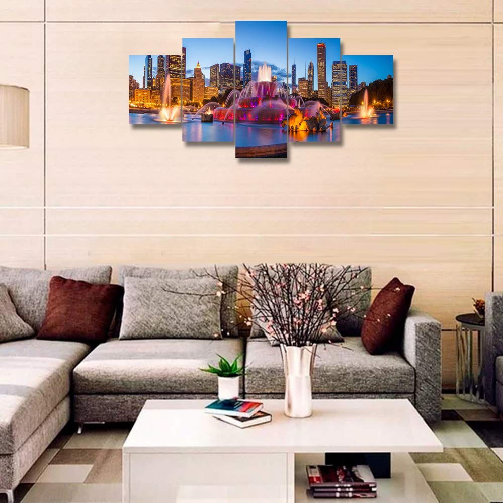 Native American Wall Decor Chicago Skyline Paintings America Cityscape Artwork Chicago Buckingham Fountain Canvas Wall Art Framed Modern Artwork Home Decorations (60" Wx32 H)