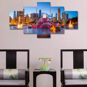 Native American Wall Decor Chicago Skyline Paintings America Cityscape Artwork Chicago Buckingham Fountain Canvas Wall Art Framed Modern Artwork Home Decorations (60" Wx32 H)