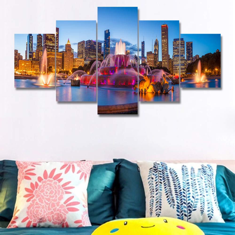 Native American Wall Decor Chicago Skyline Paintings America Cityscape Artwork Chicago Buckingham Fountain Canvas Wall Art Framed Modern Artwork Home Decorations (60" Wx32 H)