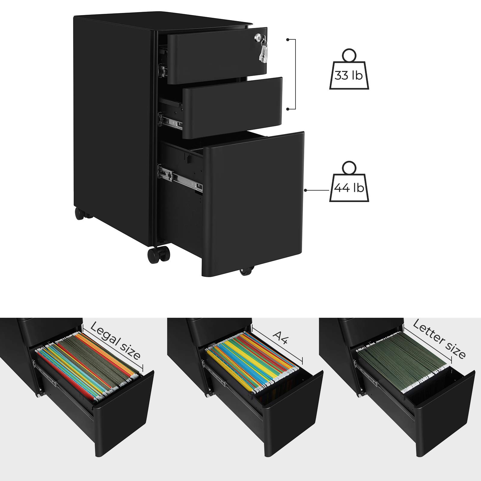 SONGMICS File Cabinet, Steel Filing Cabinet with 3 Drawer, Mobile Pedestal Cabinet Under Desk, with Lock, Fully Assembled Except Casters, Black UOFC030B01