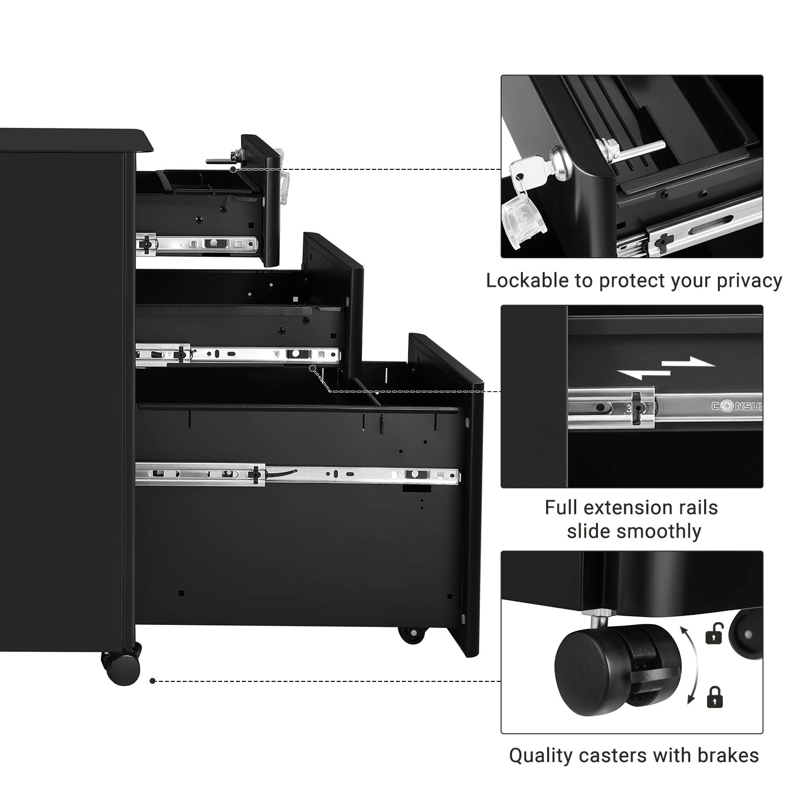 SONGMICS File Cabinet, Steel Filing Cabinet with 3 Drawer, Mobile Pedestal Cabinet Under Desk, with Lock, Fully Assembled Except Casters, Black UOFC030B01