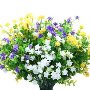 willbond 12 bundles artificial flowers outdoor, uv resistant faux artificial plants shrubs plastic flower bulk for hanging planter porch window home wedding fall summer decor (yellow, purple, white)