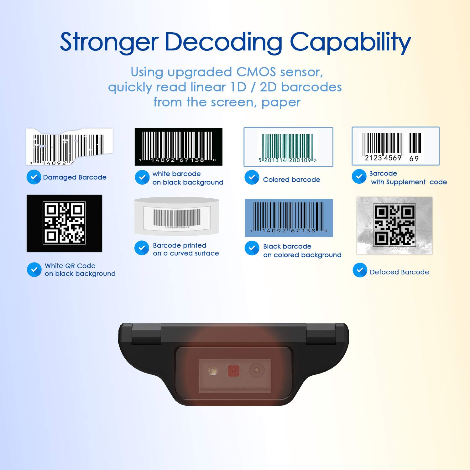 NADAMOO 2D Wireless Barcode Scanner Bluetooth Compatible, with Adjustable Back Clip CMOS Bar Code Scanner for 1D 2D QR PDF417 Code, Work with Windows, Mac, Android, iOS - 1,000,000 Pixels