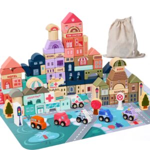 lewo 115 pcs wooden building blocks with city map construction building sets city building blocks stacking blocks preschool educational learning toys for 3 4 5 6 years old kids boys girls children