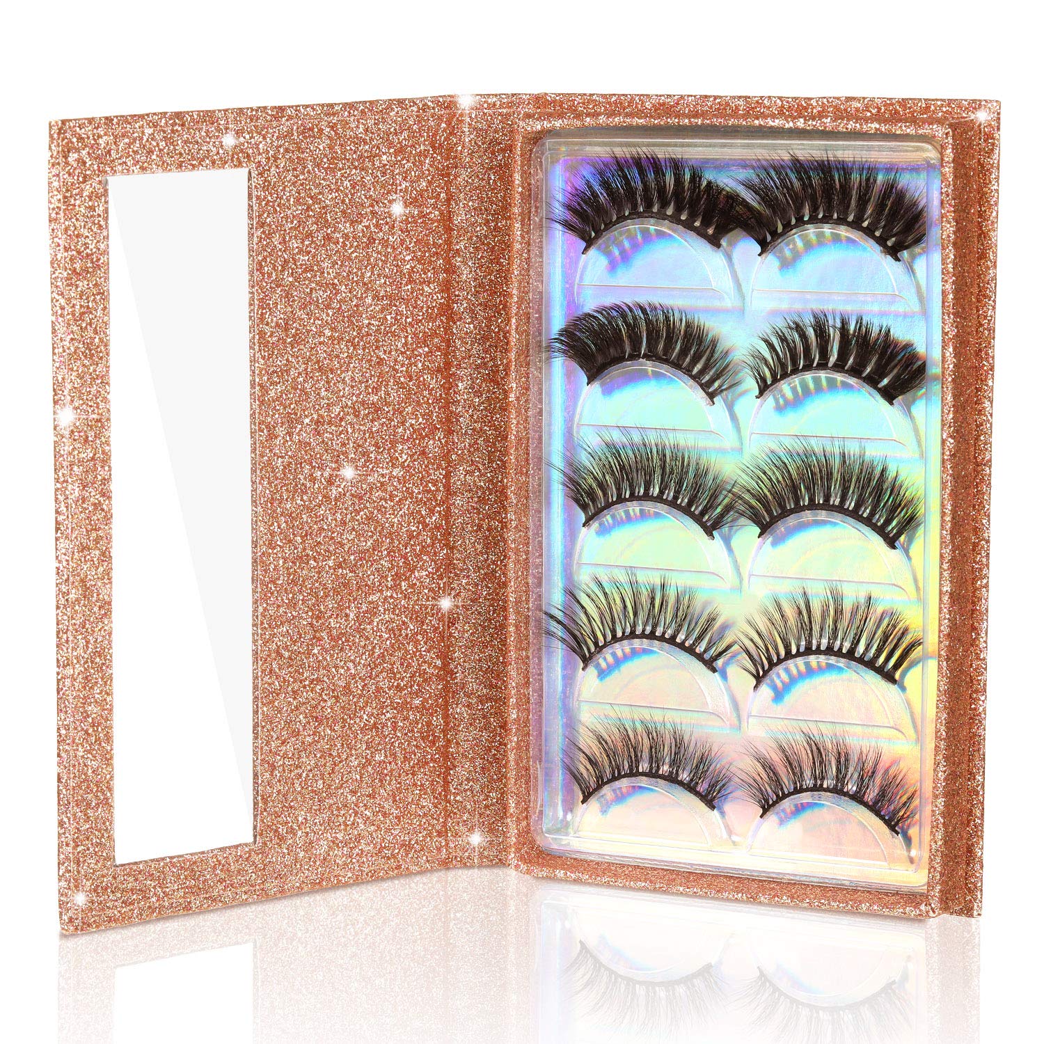 2 Packs 5 Pairs False Eyelash Storage Book Box Empty Glitter False Eyelash Storage Case Lash Storage Container Makeup Display Lash Holder Portable Travel Lash Catalog for Women Girls, Rose Gold