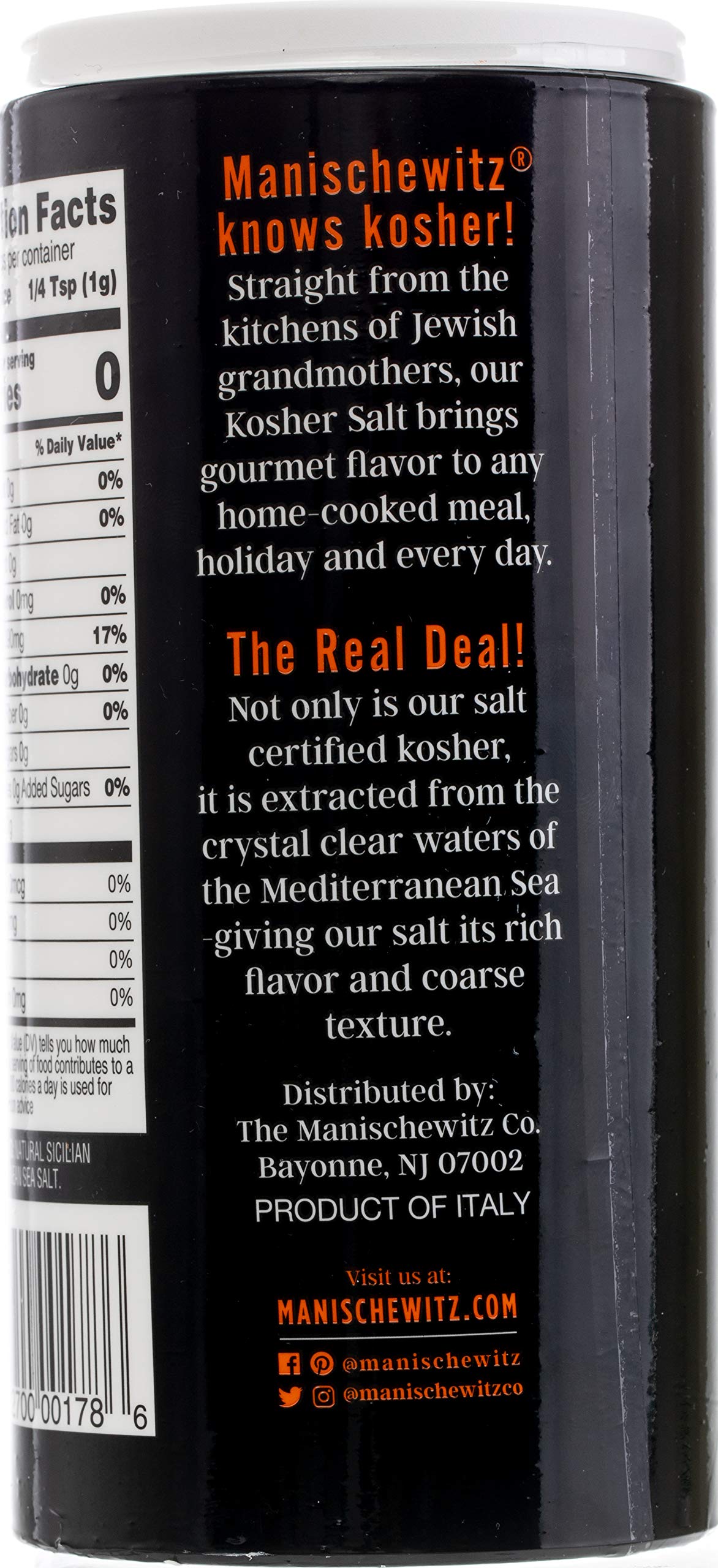 Manischewitz Premium Kosher Salt, Coarse Sea Salt, 16oz (1 Pound) Easy Pour Canister, Product of Italy, Pure Mediterranean Sea Salt. The Perfect Salt Grinder Refill!