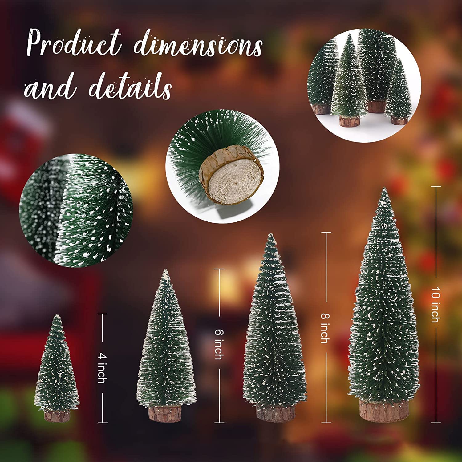 Artificial Mini Christmas Tree,4pcs Bottle Brush Christmas Tree with 1pc String Lights Contains 30 LEDs, Small Sisal Trees with Wooden Bases,Xmas Holiday Decor